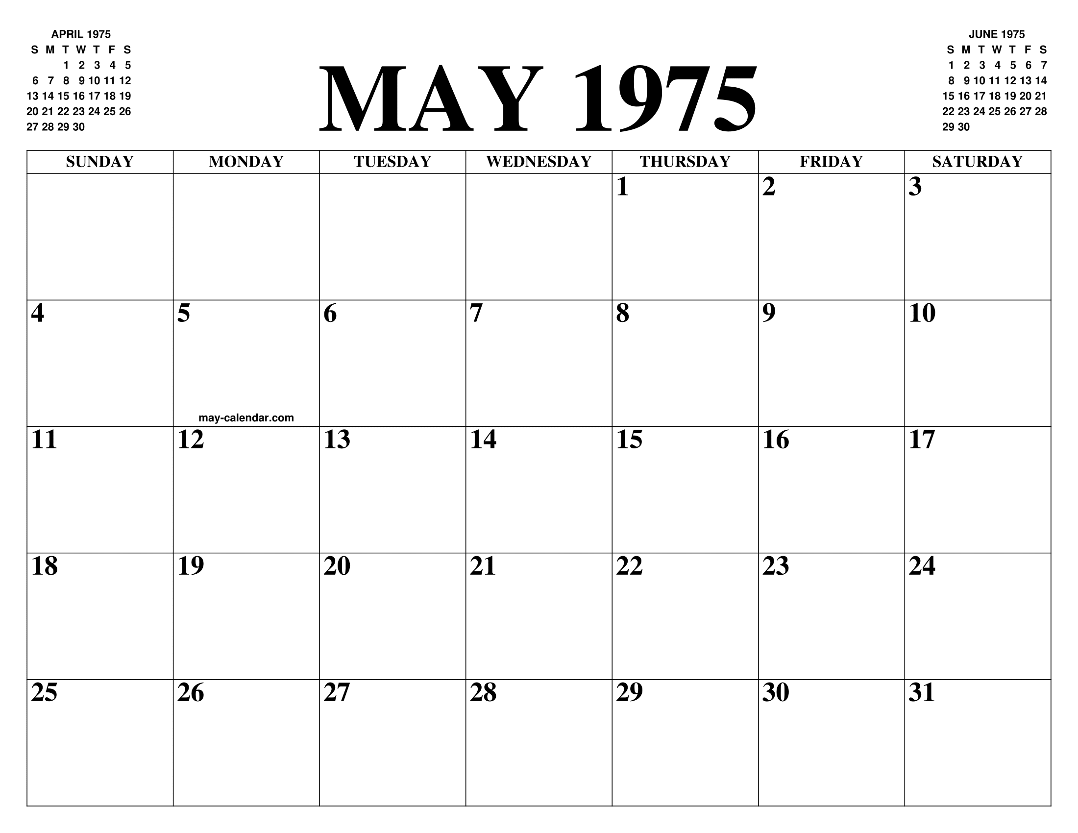 MAY 1975 CALENDAR OF THE MONTH FREE PRINTABLE MAY CALENDAR OF THE YEAR MAY 1975 CALENDAR OF THE MONTH FREE PRINTABLE MAY CALENDAR OF THE YEAR